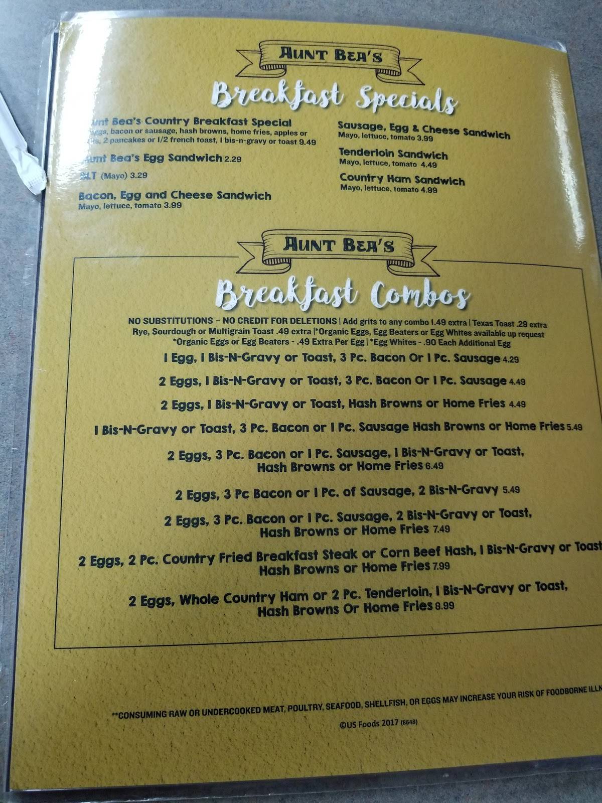 Menu at Aunt Bea's Home Cooking restaurant, Greeneville