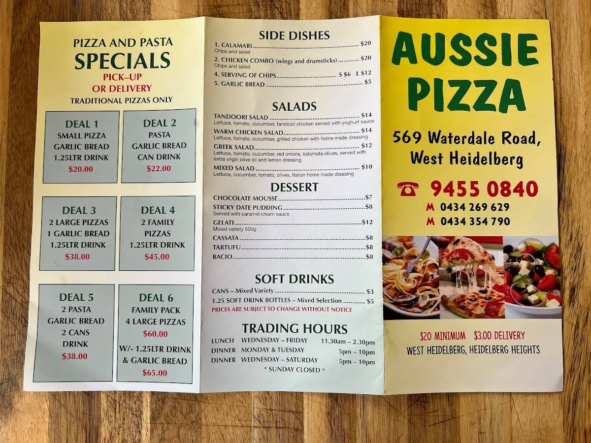 Menu at Aussie Pizza pizzeria, Heidelberg West