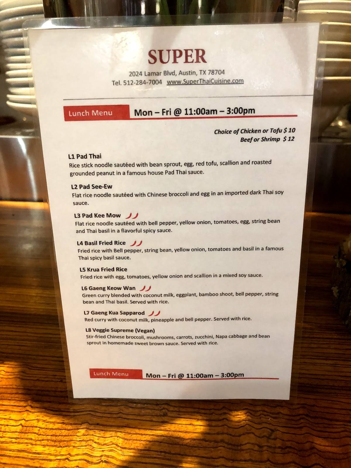 Menu at Super Thai Cuisine restaurant, Austin