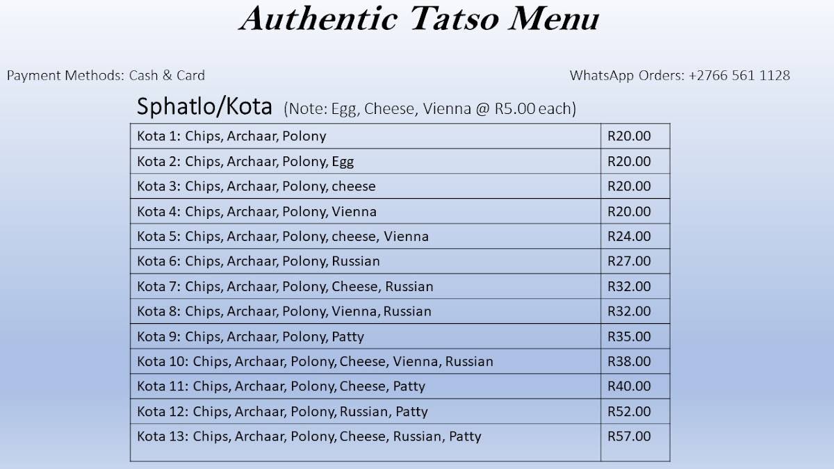 Speisekarte von Authentic Tatso restaurant, Pretoria