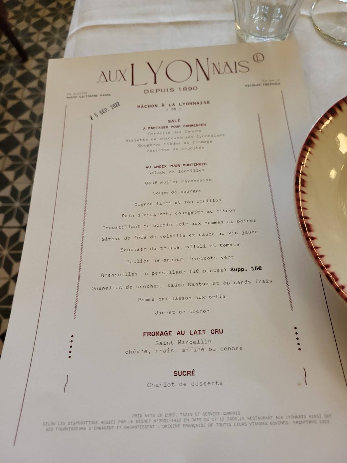 Menu au Aux Lyonnais restaurant, Paris, 32 Rue Saint Marc