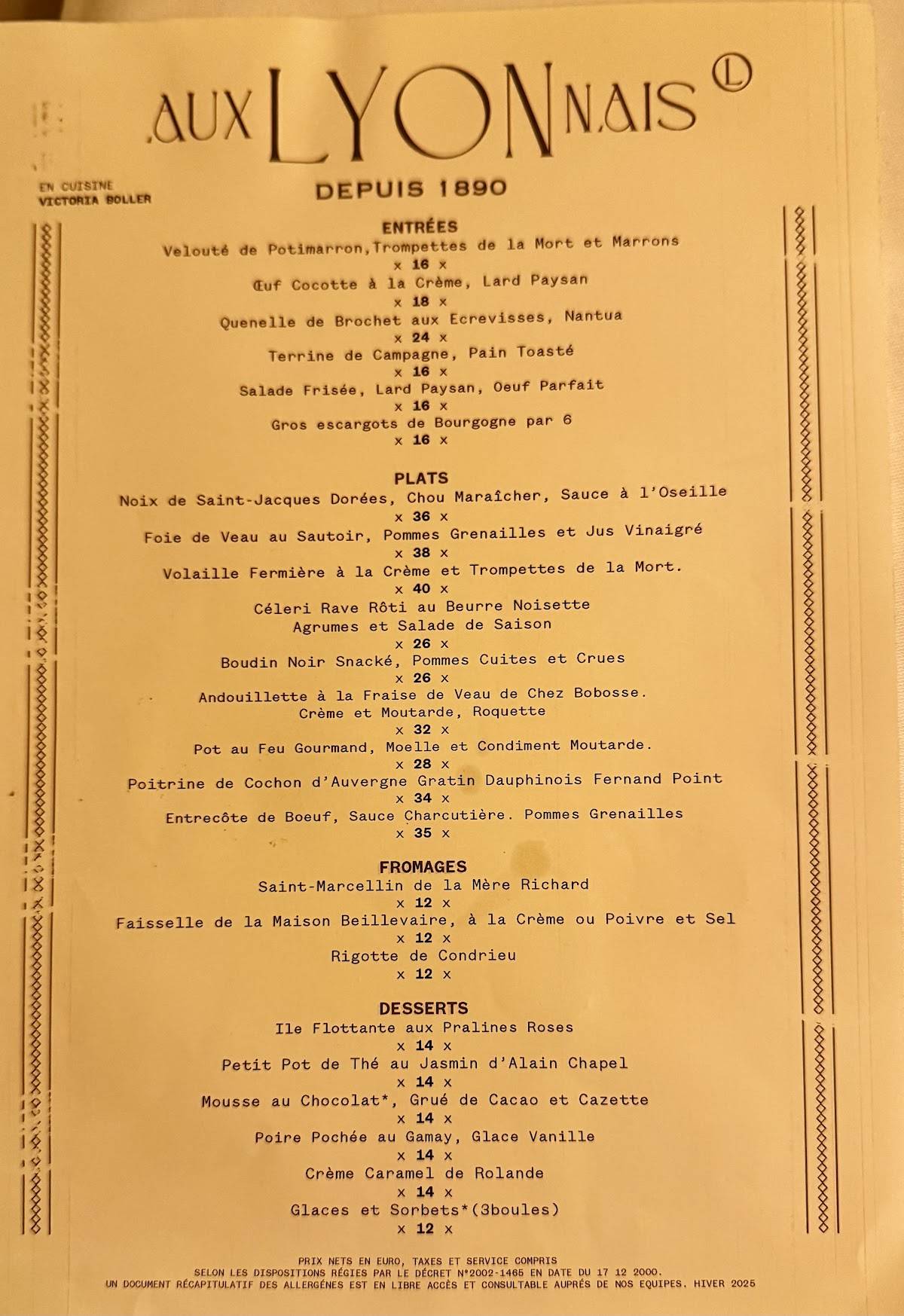 Menu au Aux Lyonnais restaurant, Paris, 32 Rue Saint-Marc