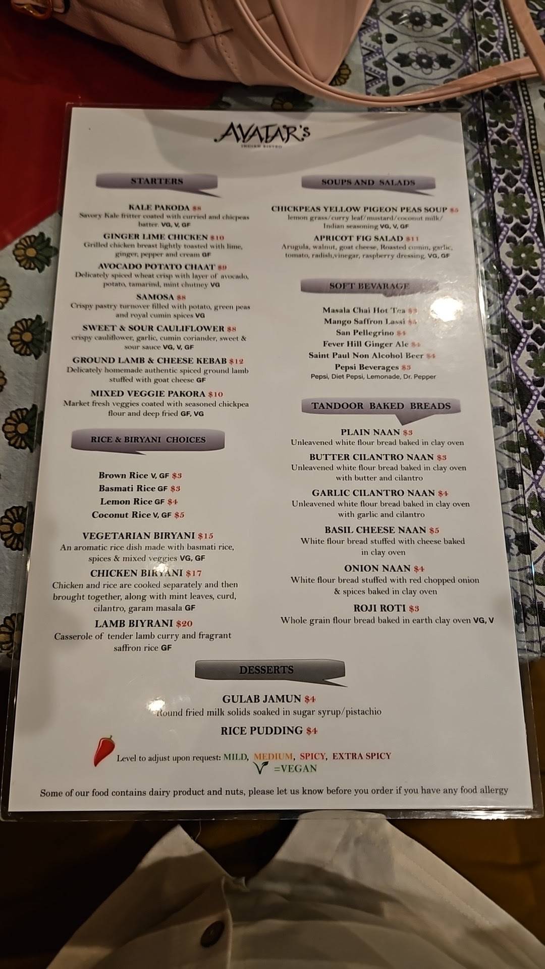 Carta del restaurante Avatar's Indian Bistro, Granite Bay