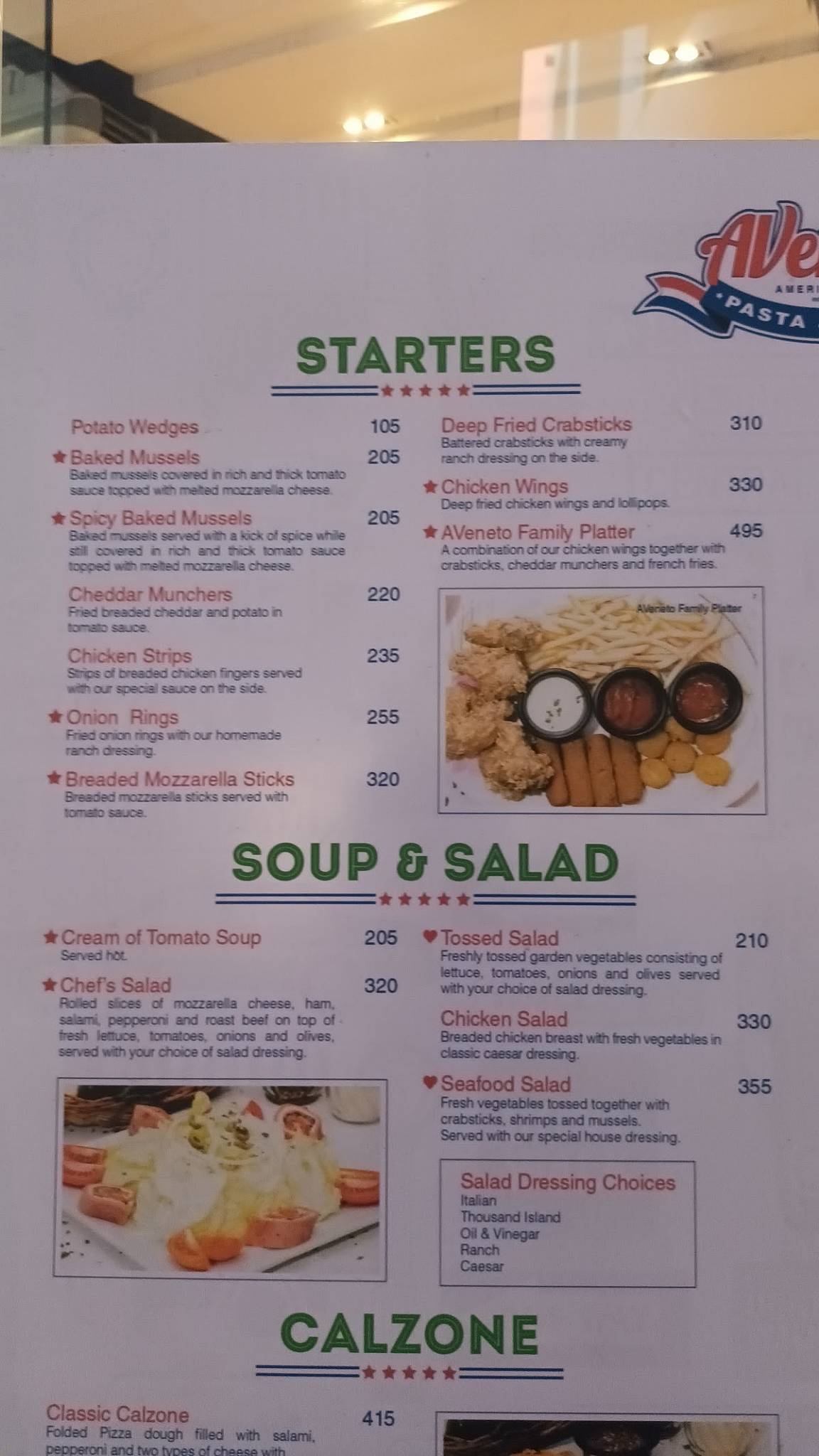 Carta del restaurante Aveneto Pasta & Pizza SM Mall of Asia, Pasay