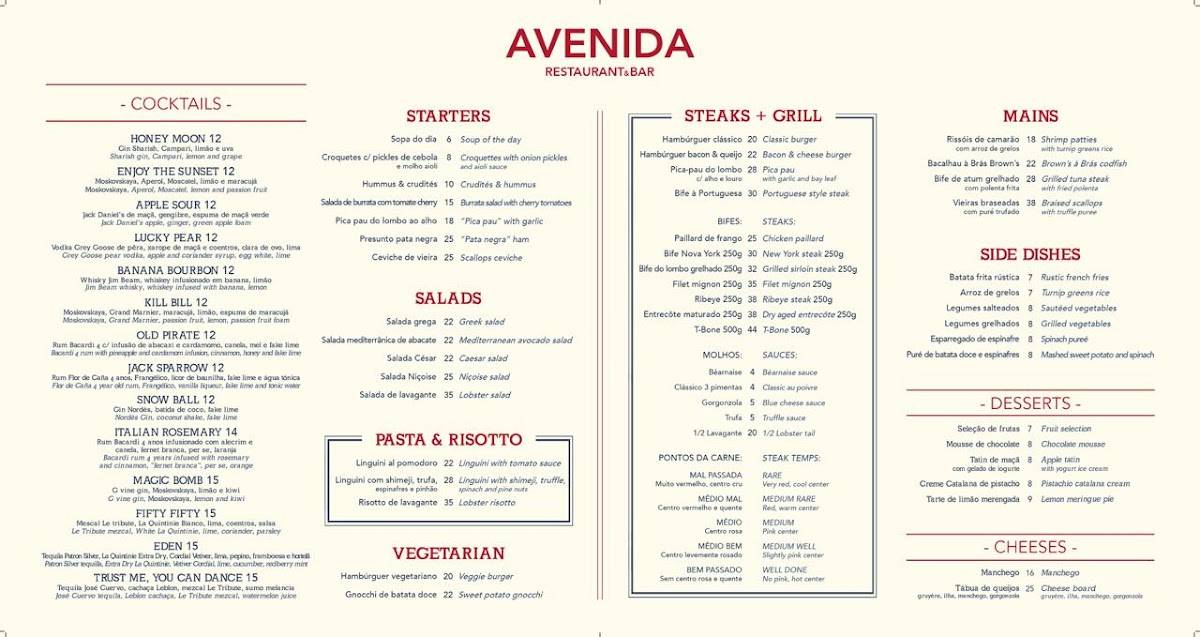 Menu em Avenida Restaurant & Bar, Lisboa