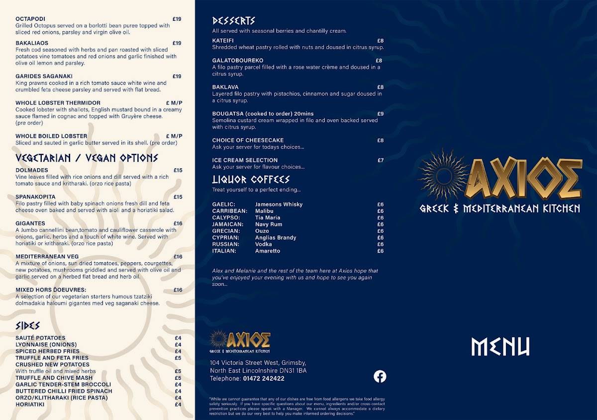 Menu at Axios, Grimsby