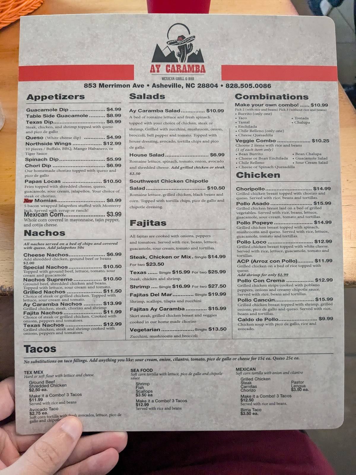 Carta de Ay Caramba Mexican Grill & Bar, Asheville, 853 Merrimon Ave