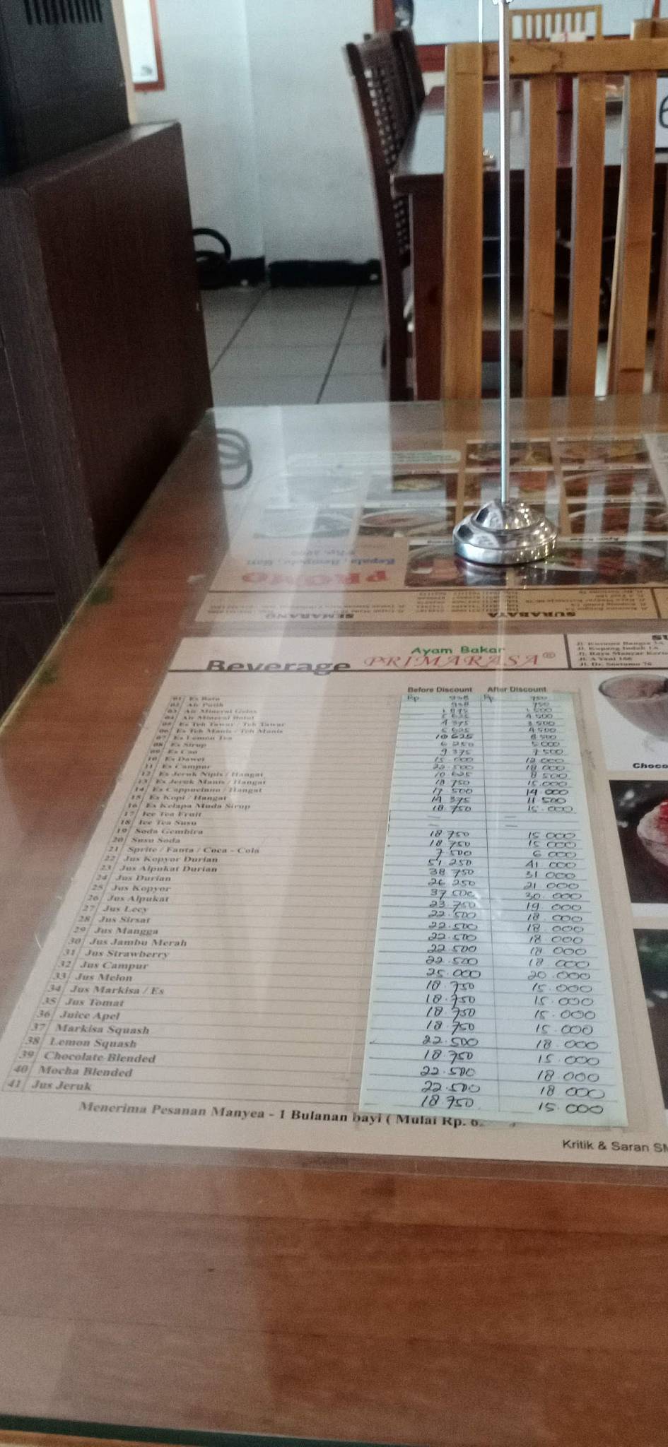 Carta del restaurante Ayam Bakar Primarasa, Semarang, Jl. Gajahmada No.99D