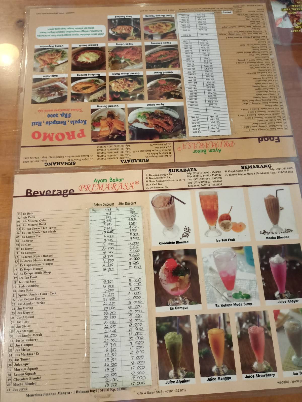 Carta del restaurante Ayam Bakar Primarasa, Semarang, Jl. Gajahmada No.99D