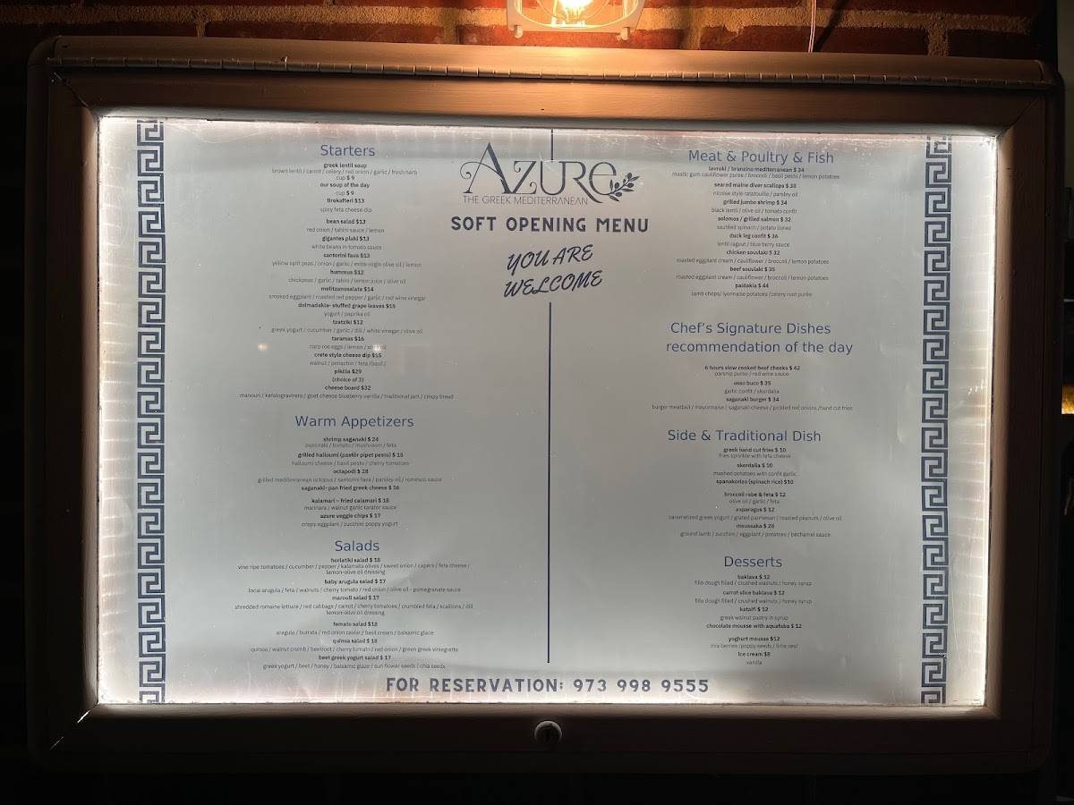 Menu at Azure The Greek Mediterranean restaurant, Morristown