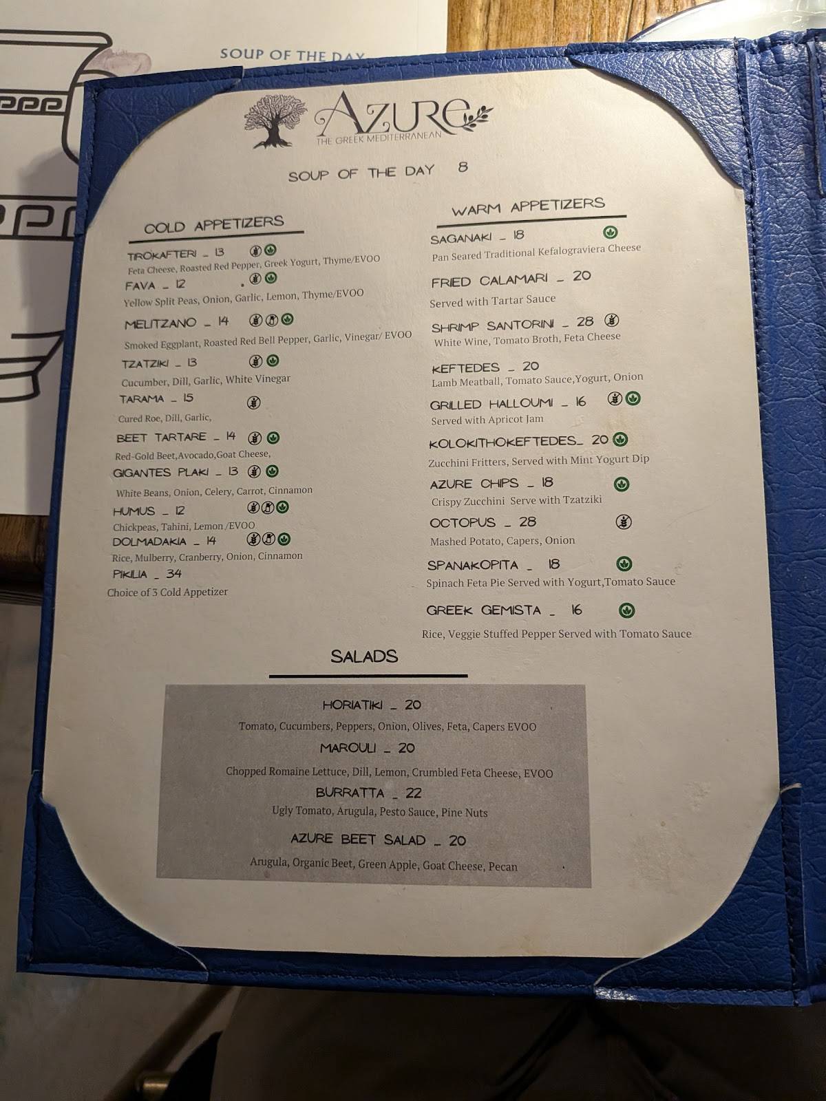 Carta del restaurante Azure The Greek Mediterranean, Morristown