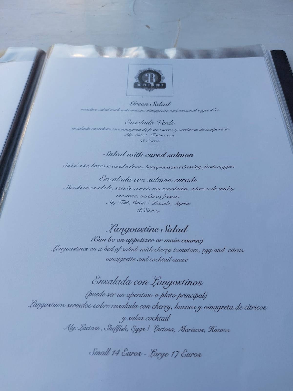 Menu at B on the rocks restaurant, Alcalá