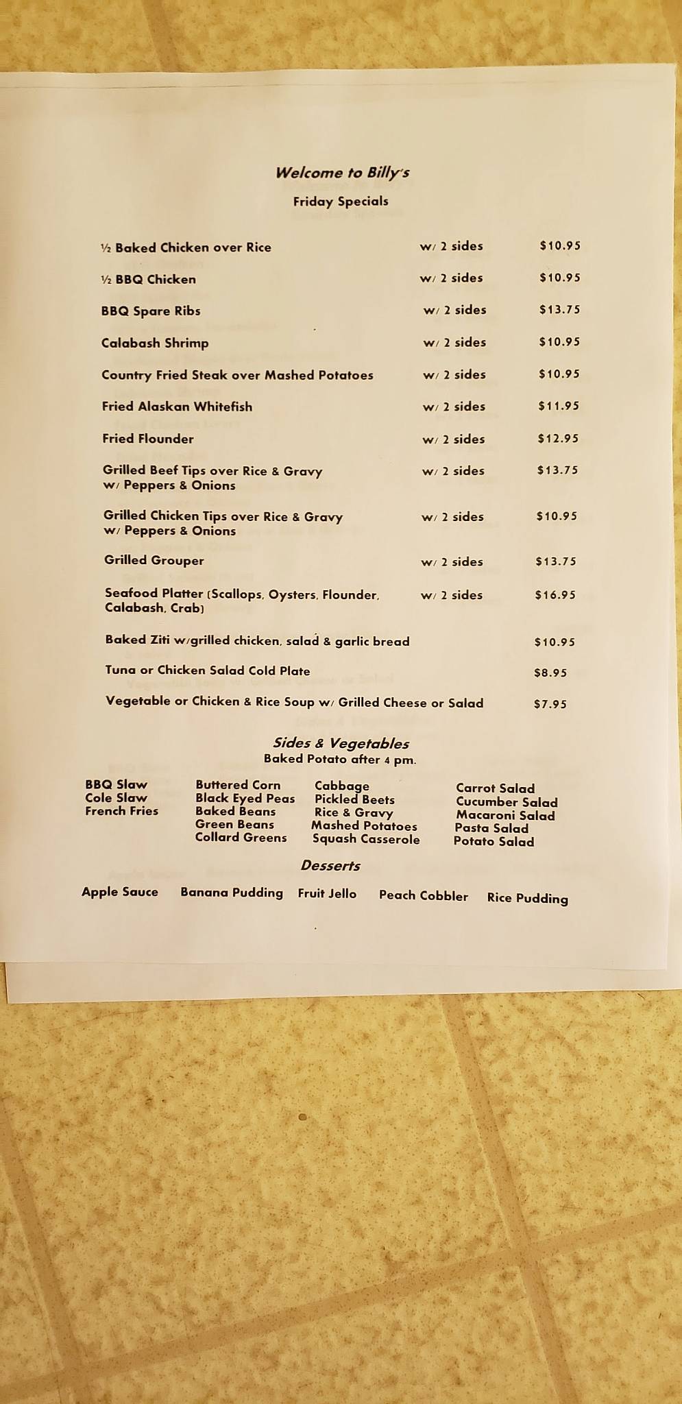 Menu at Billy's Family Restaurant, Mount Holly