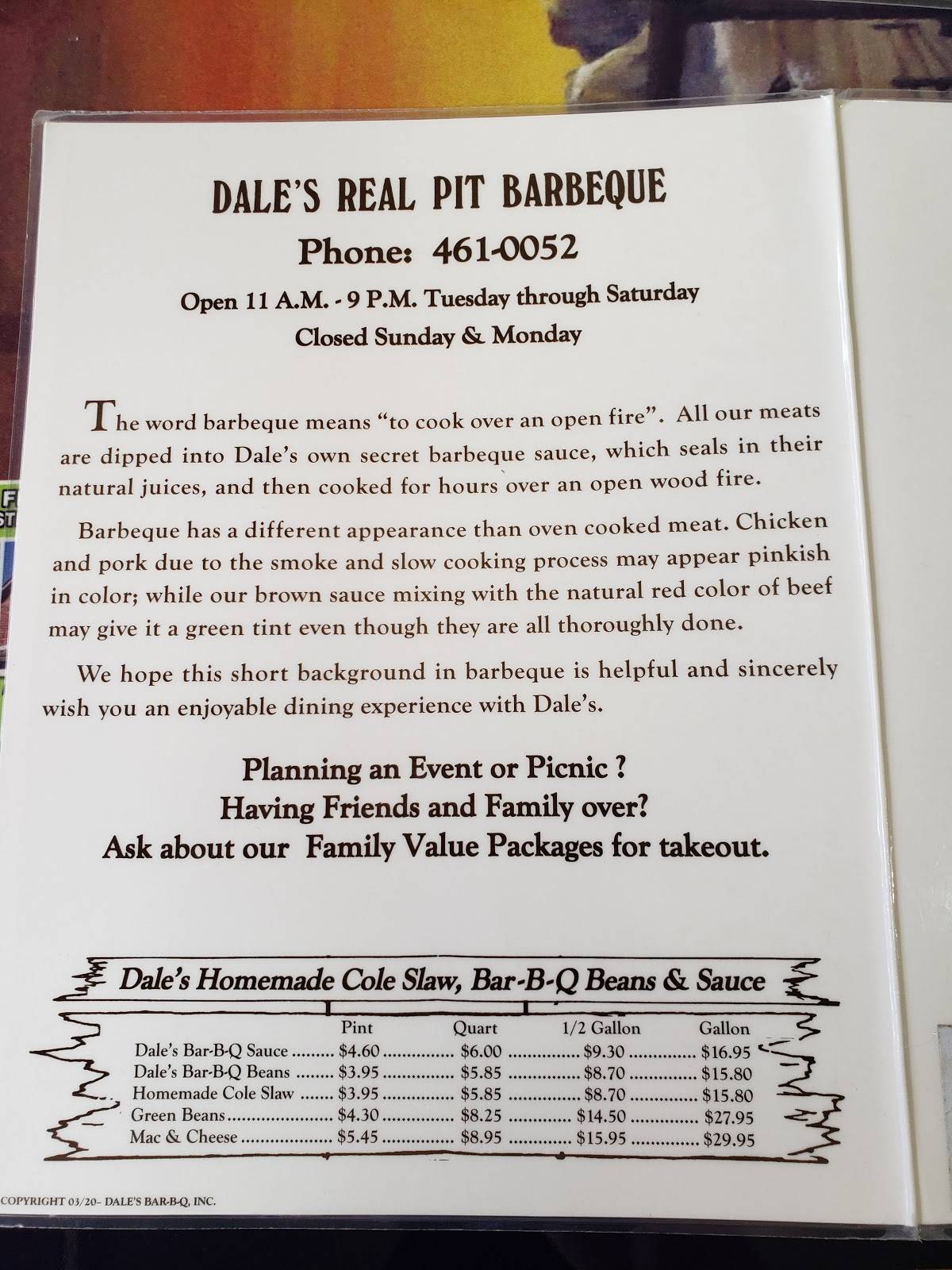 Menu at Dale's BBQ South, Fort Pierce