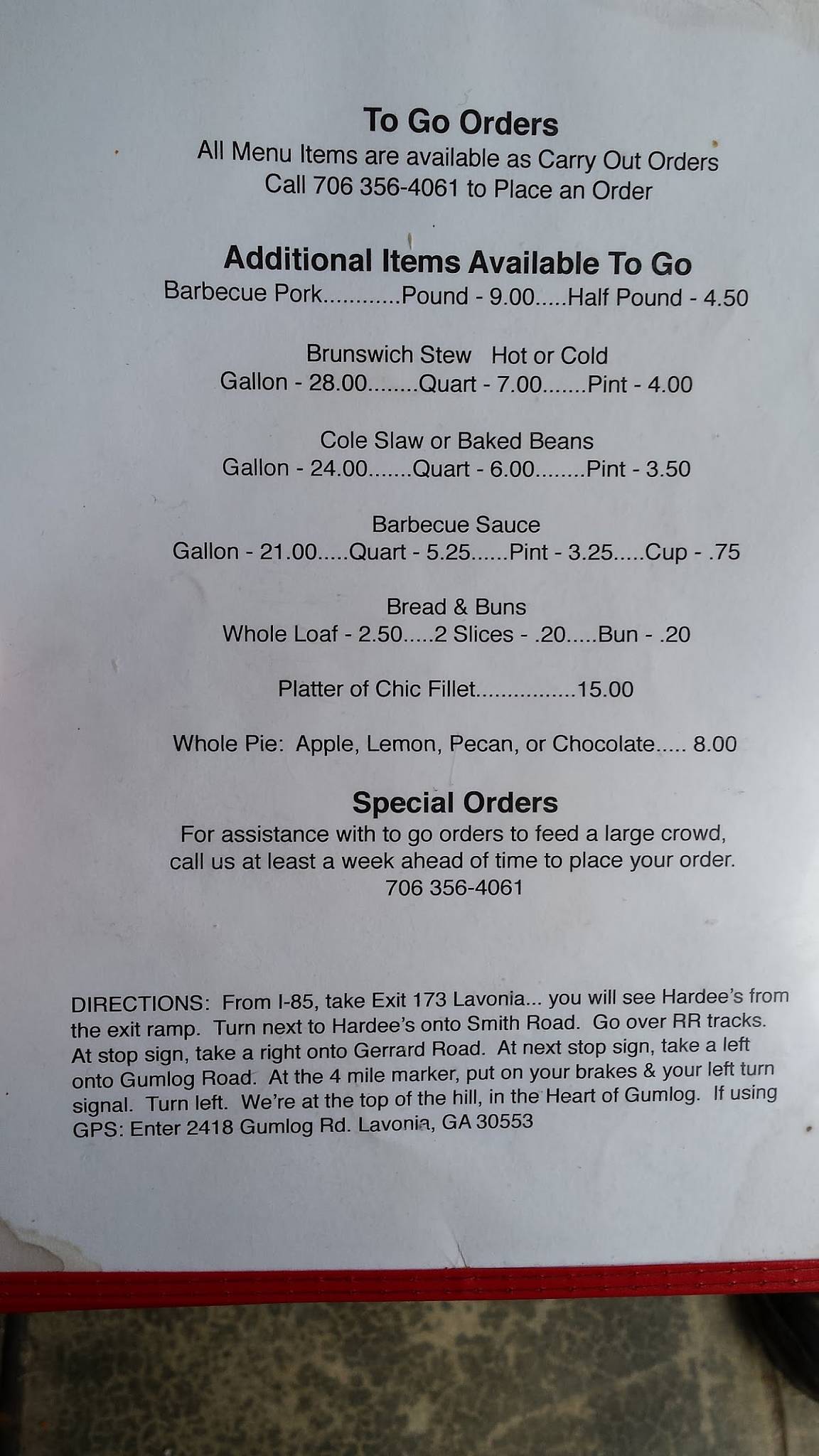 Menu at Gumlog Bar B Que & Fish Lodge, Lavonia