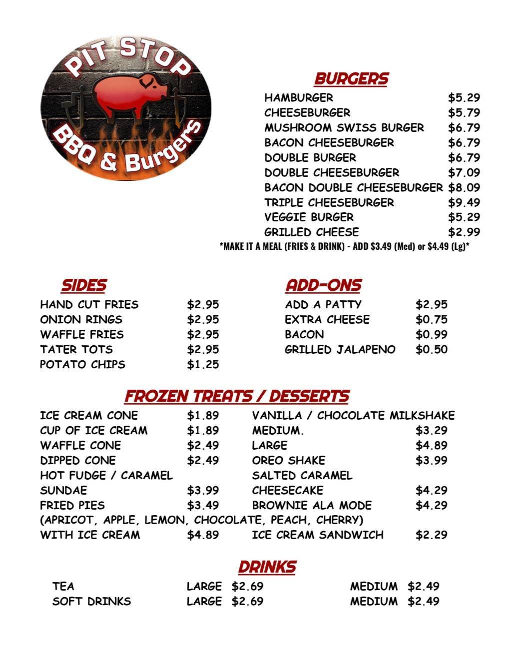 Menu at Pit Stop BBQ, Hugo