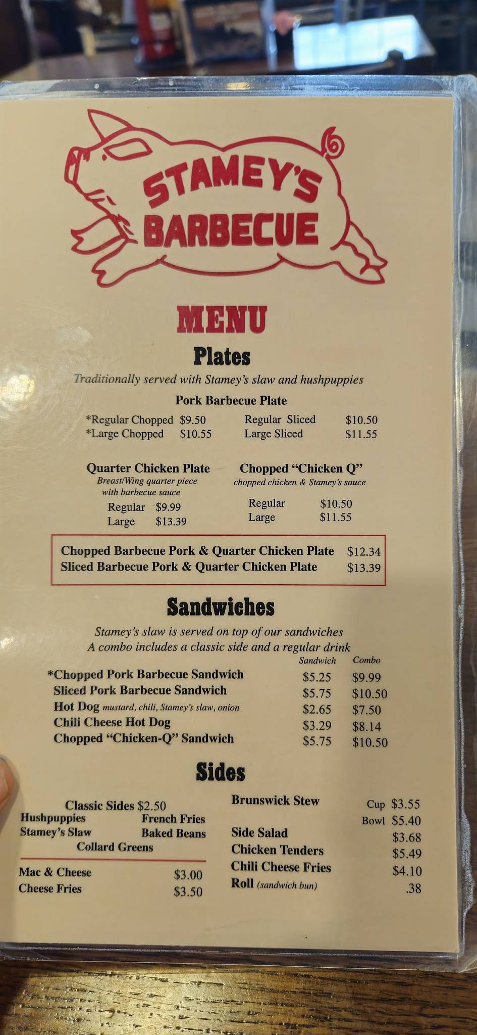 Menu at Stamey's Barbecue, Greensboro, Battleground Ave