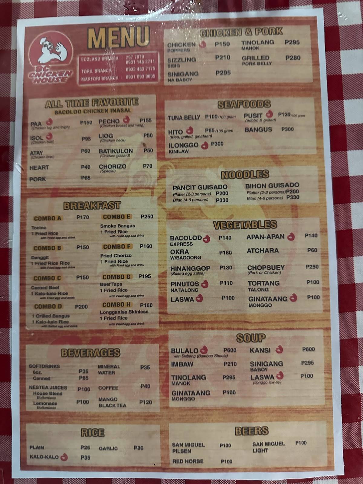 Menu at BC Chicken House restaurant, Davao City, Juna Subdivision