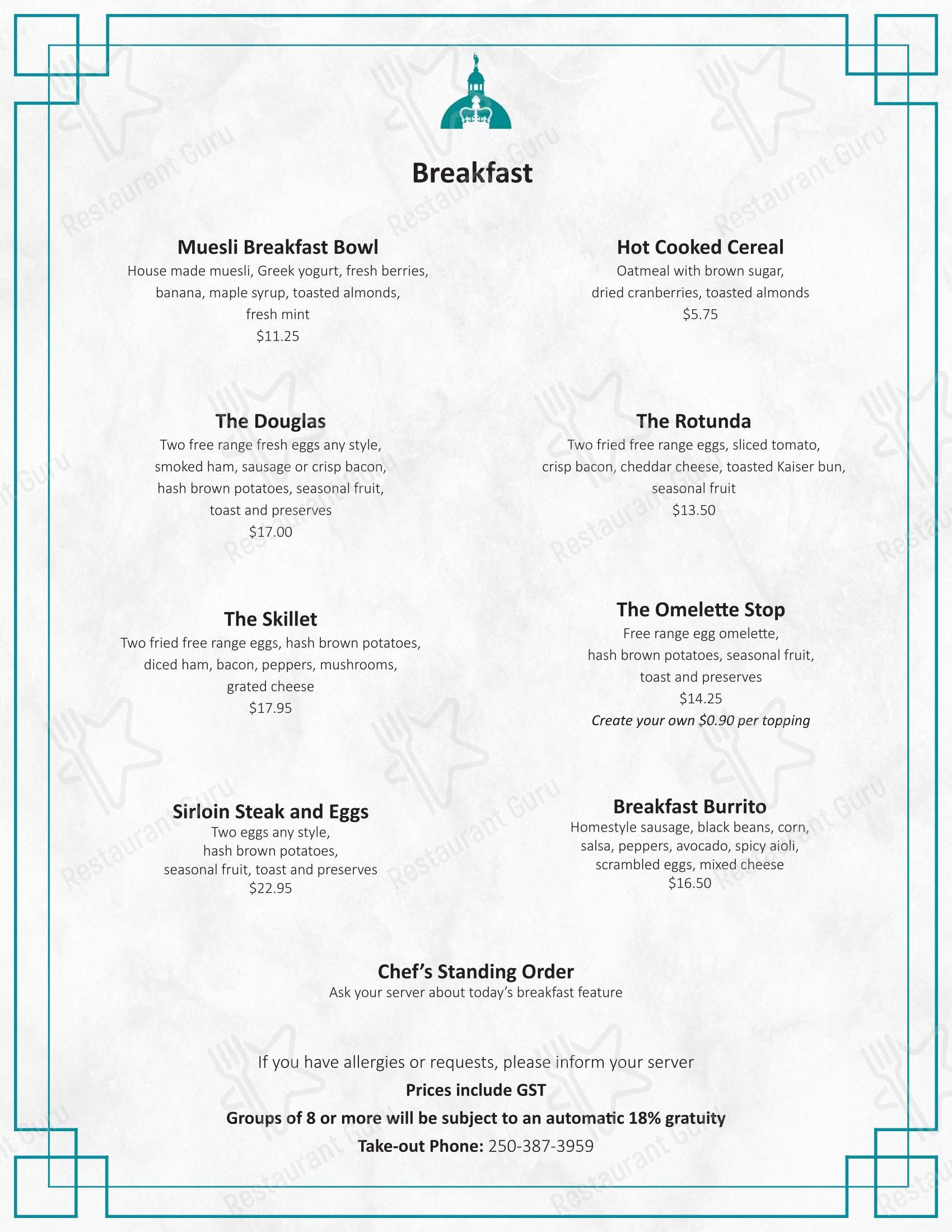 Menu at BC Legislative Dining Room restaurant, Victoria