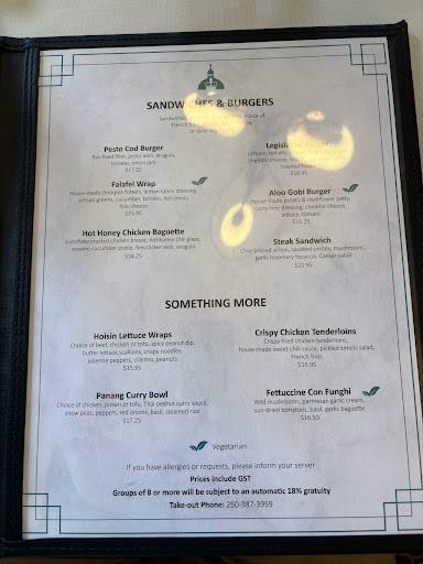 Menu at BC Legislative Dining Room restaurant, Victoria