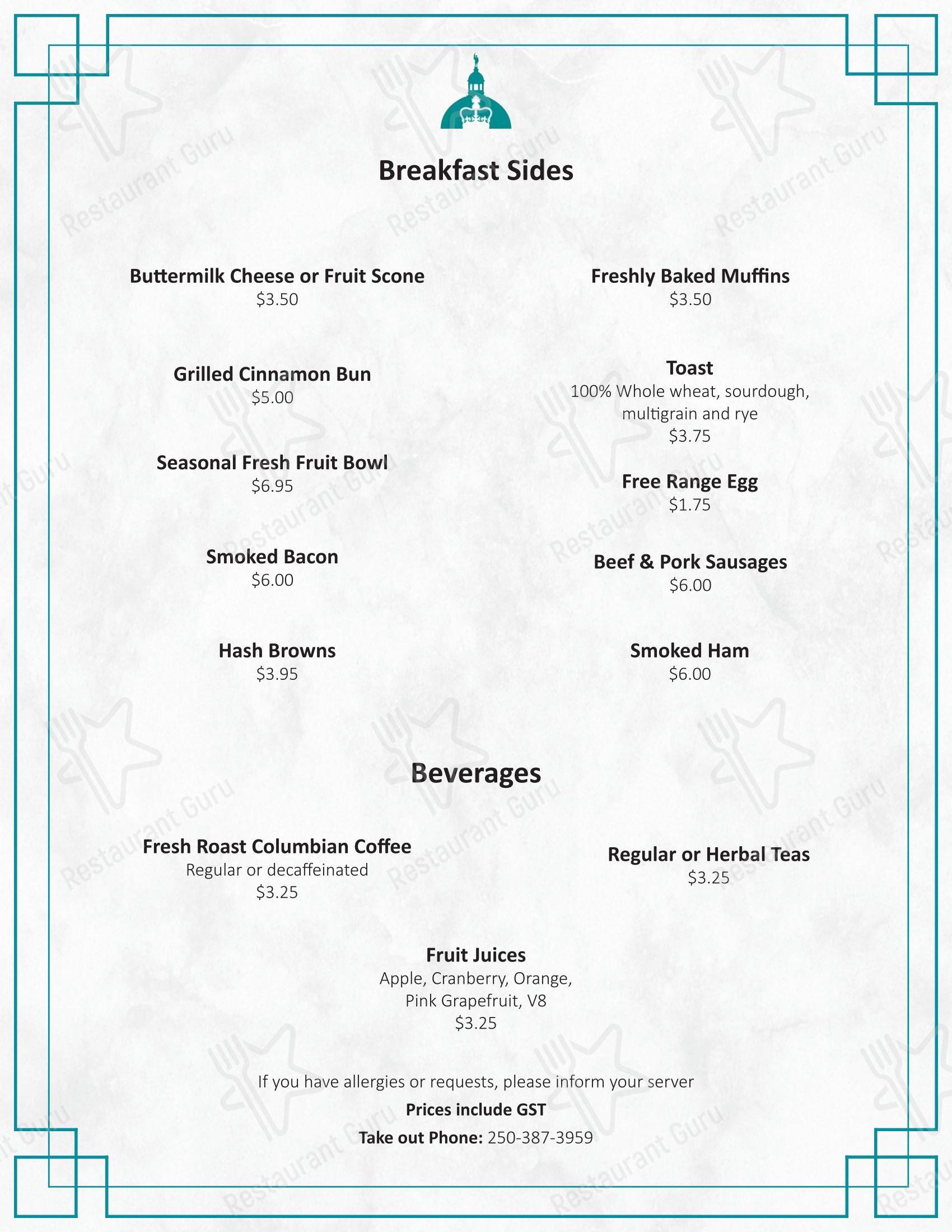 Menu at BC Legislative Dining Room restaurant, Victoria