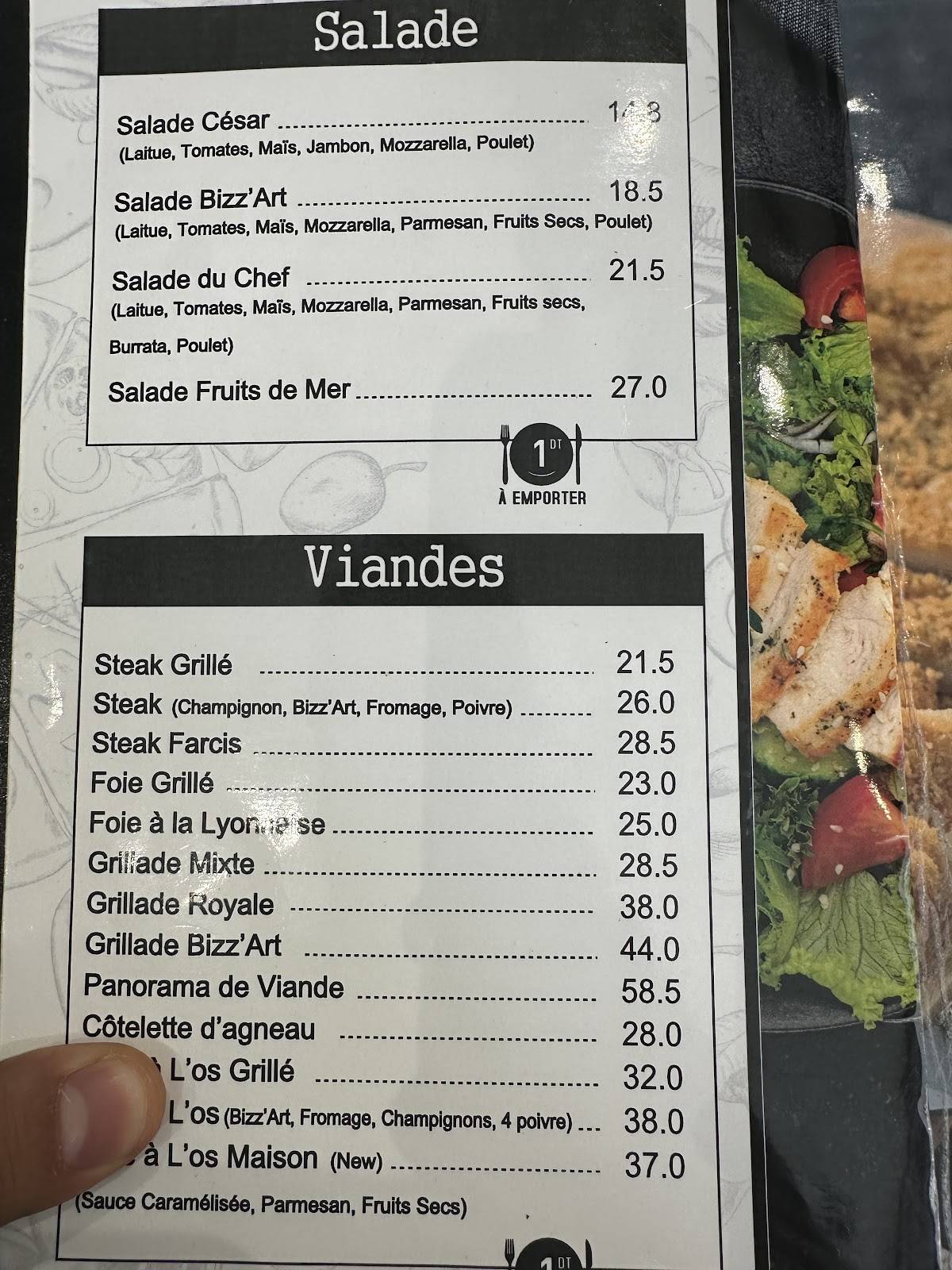 Menu at BIZZ'ART restaurant, Monastir, QRCH+4R6
