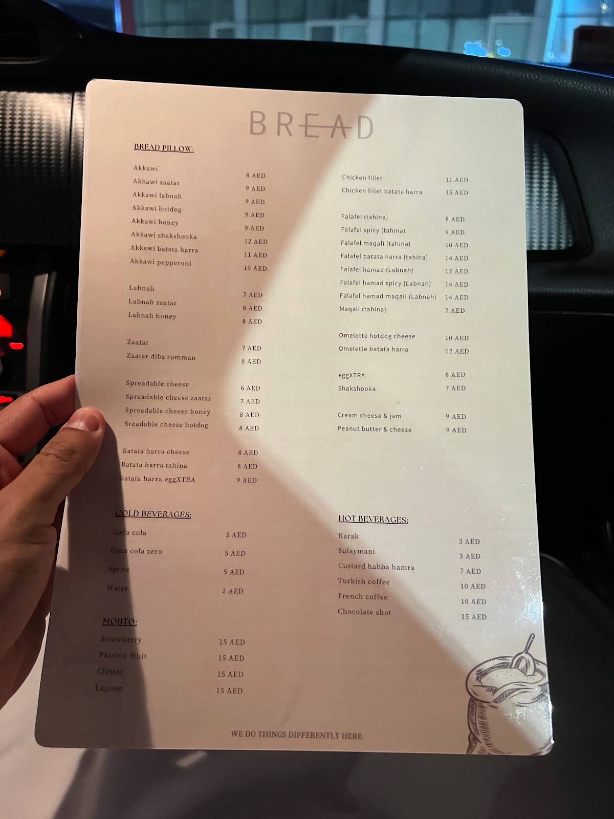 Menu at BREAD, UAE