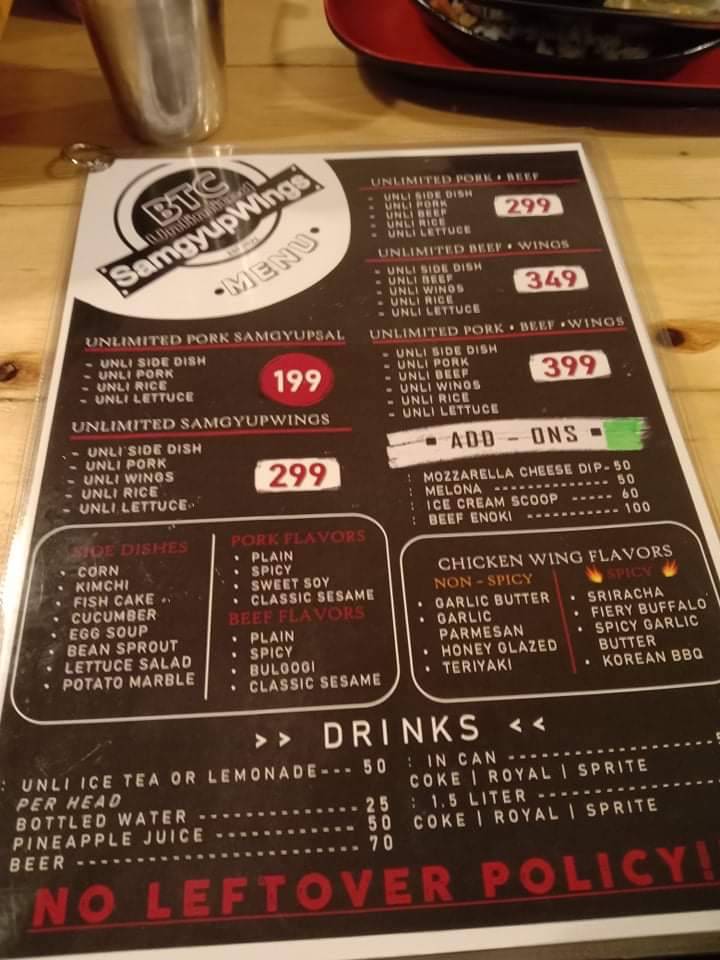 Menu at BTC Samgyupwings Calamba restaurant, Calamba