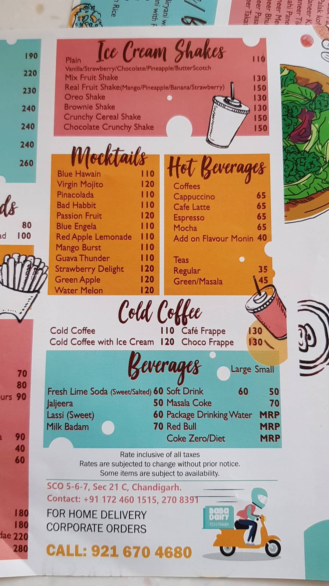 Menu at Baba Dairy, Chandigarh, 5-6-7