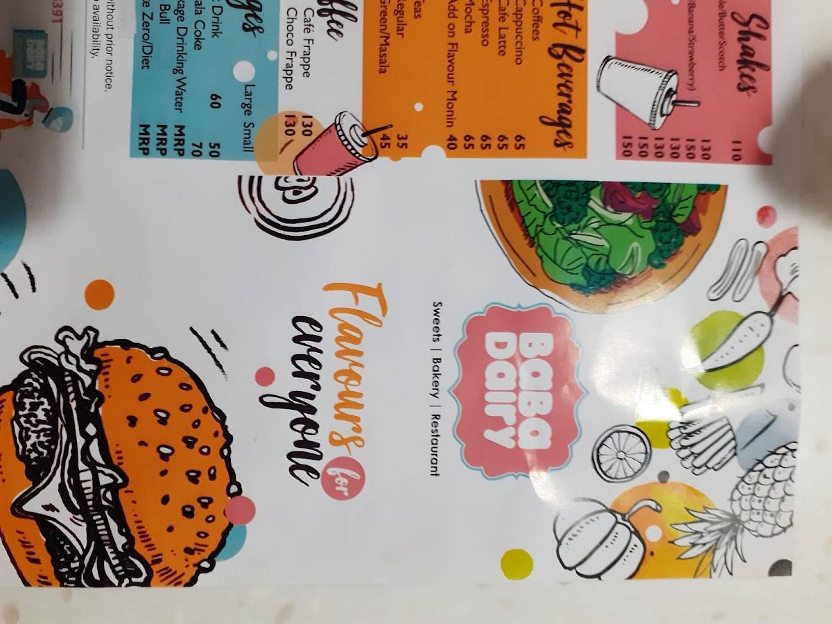 Menu at Baba Dairy, Chandigarh, 5-6-7