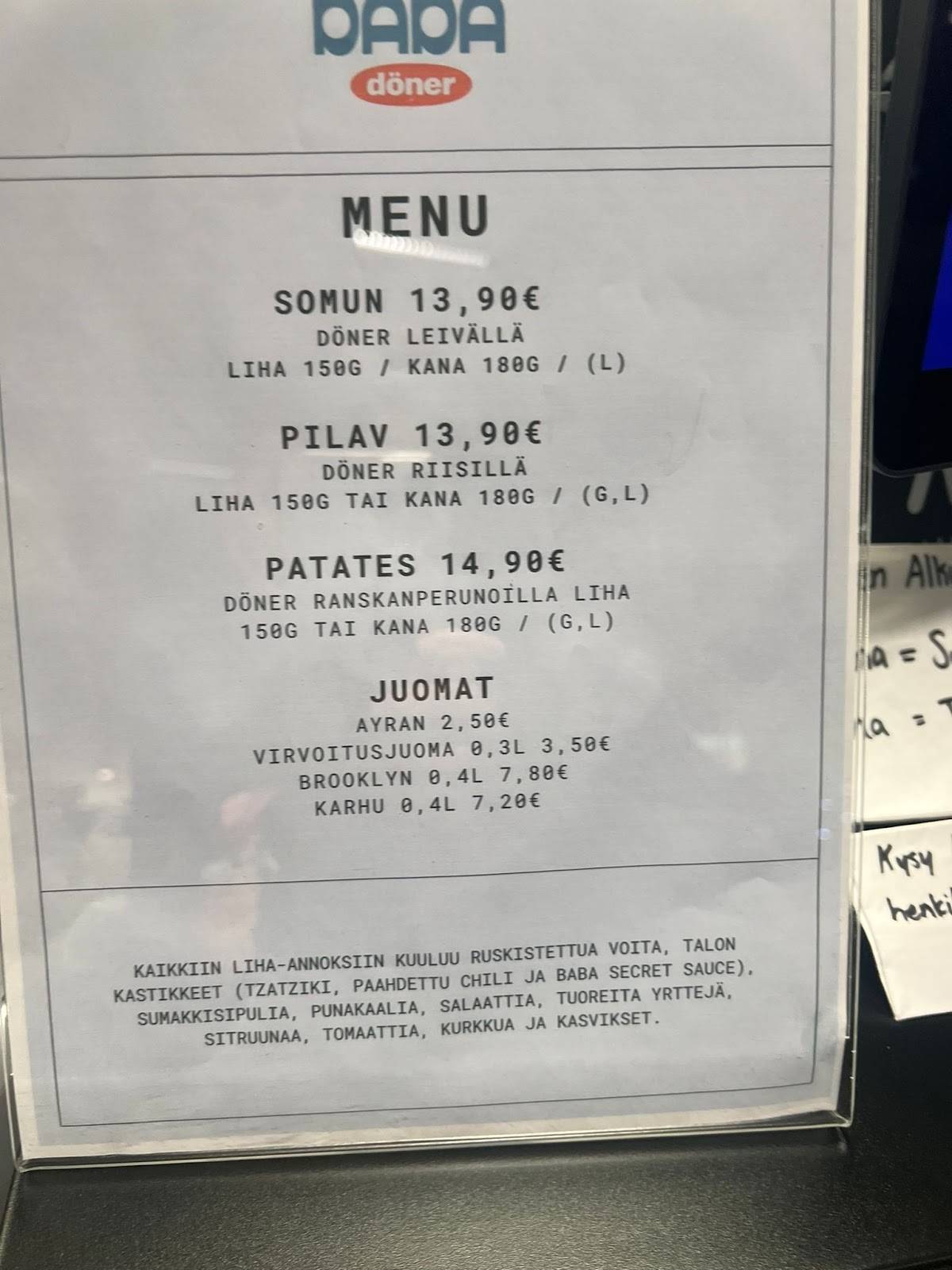 Menu at Baba Döner restaurant, Helsinki