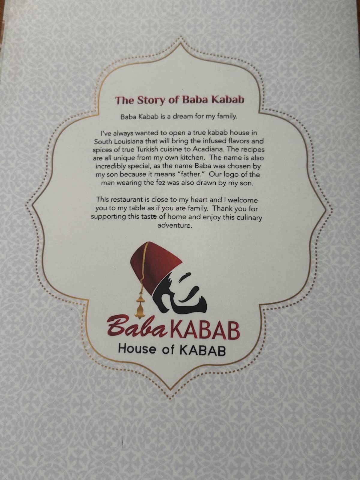 Carta del restaurante Baba Kabab, Lafayette