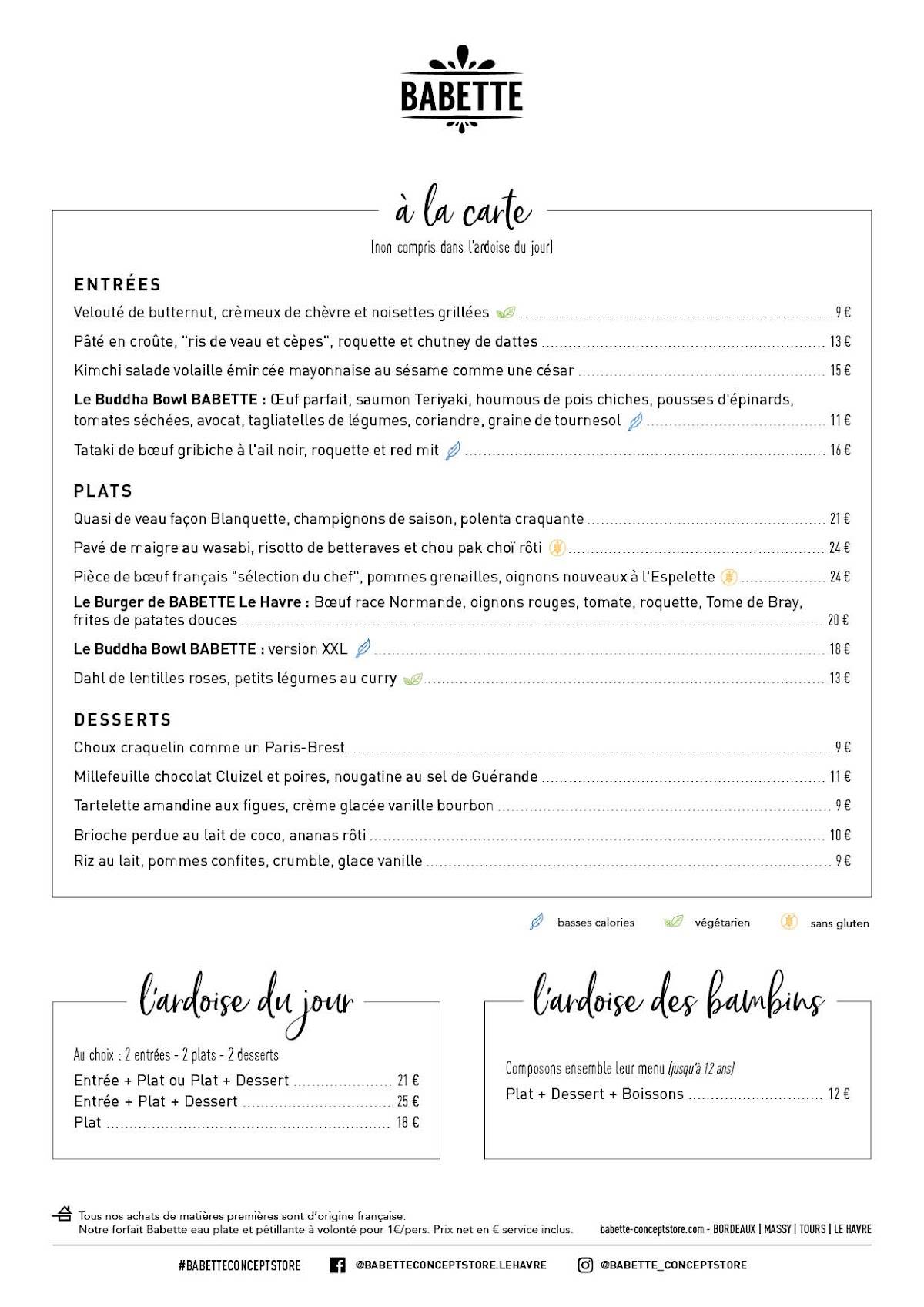 Menu au Babette Le Havre restaurant, Le Havre