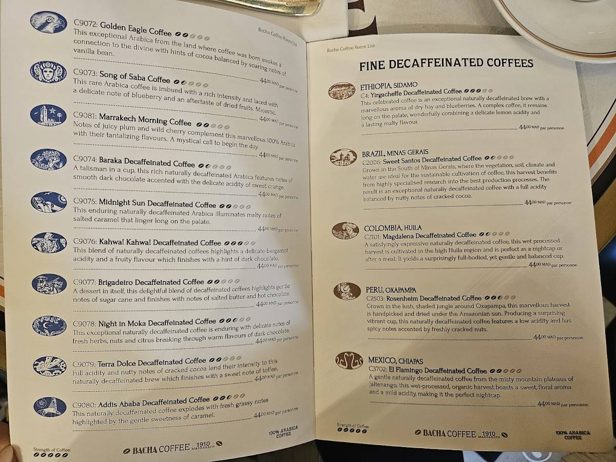 Menu at Bacha Coffee cafe, Marrakesh