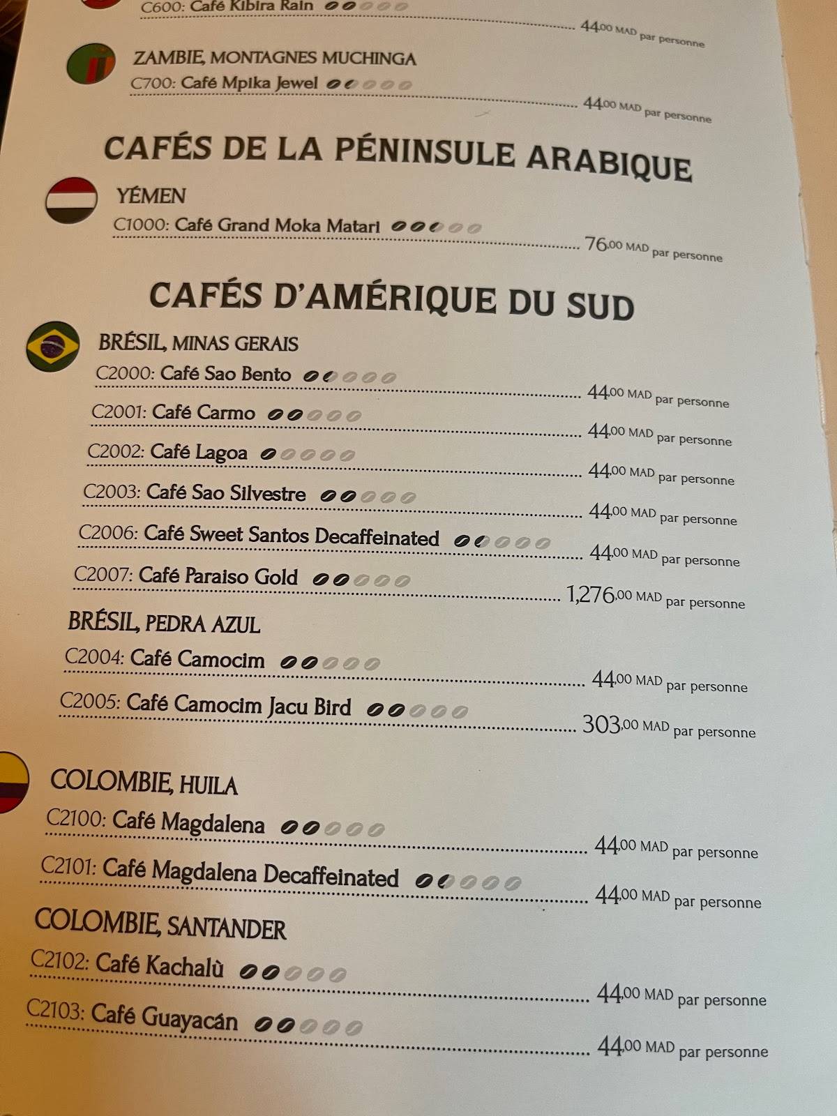 Menu au Bacha Coffee café, Marrakech
