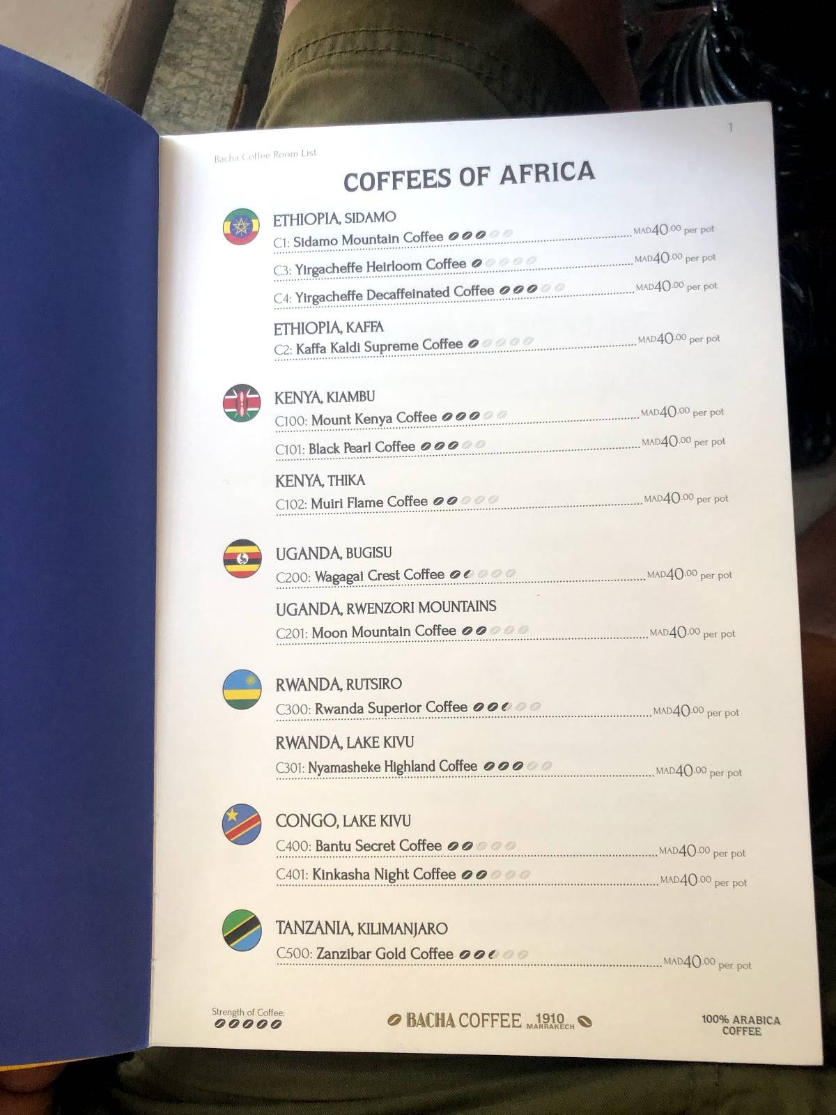 Menu au Bacha Coffee café, Marrakech