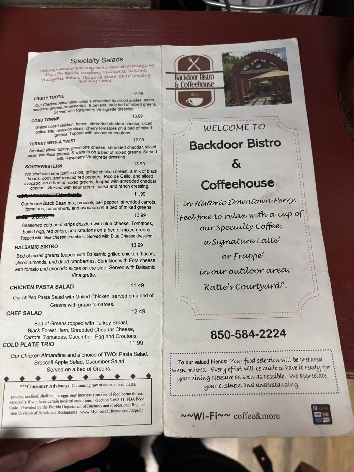 Menu at Backdoor Bistro & Coffeehouse of Perry cafe, Perry