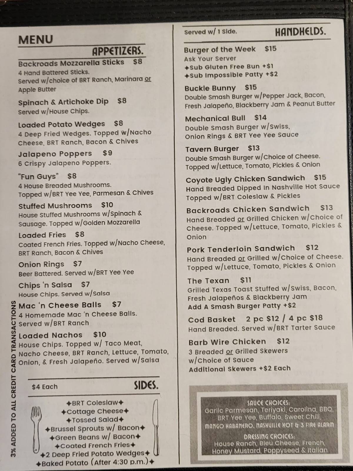 Menu at Backroads Tavern in Wolcottville pub & bar, Wolcottville