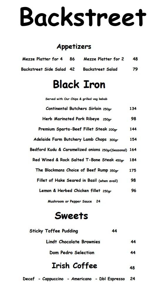 Menu at Backstreet Grill steakhouse, Port Elizabeth
