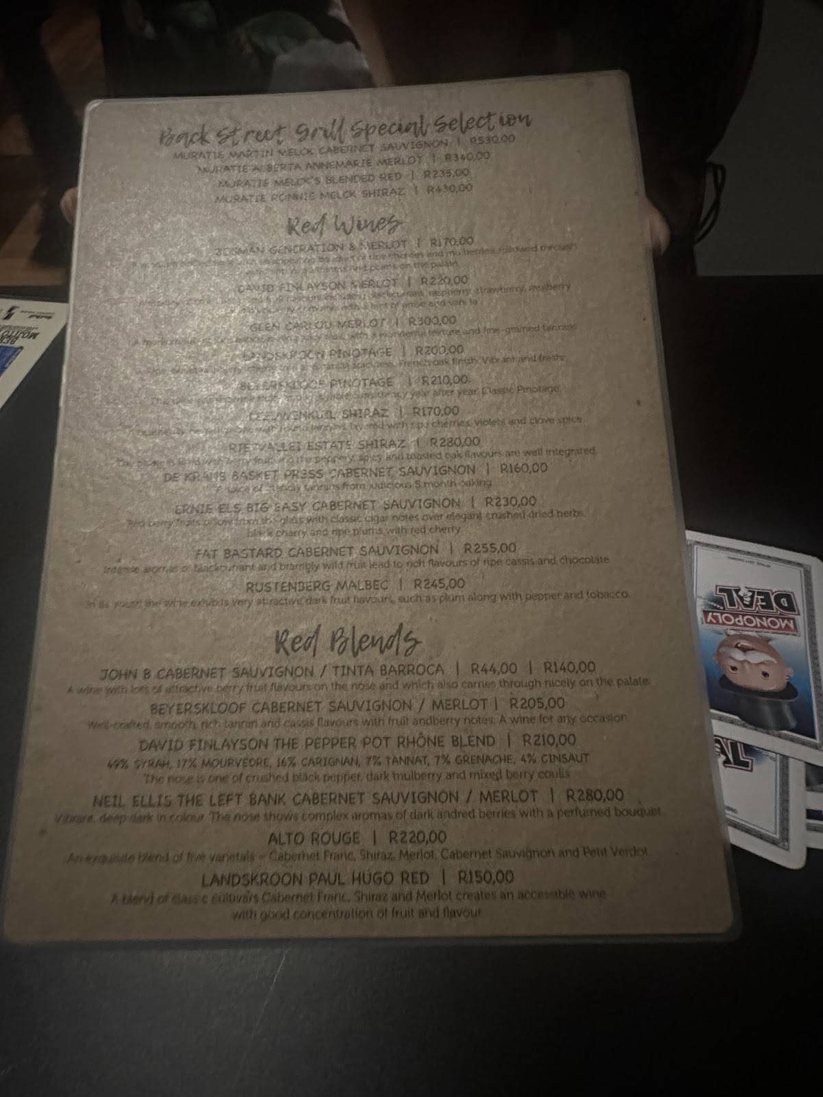 Menu at Backstreet Grill steakhouse, Port Elizabeth