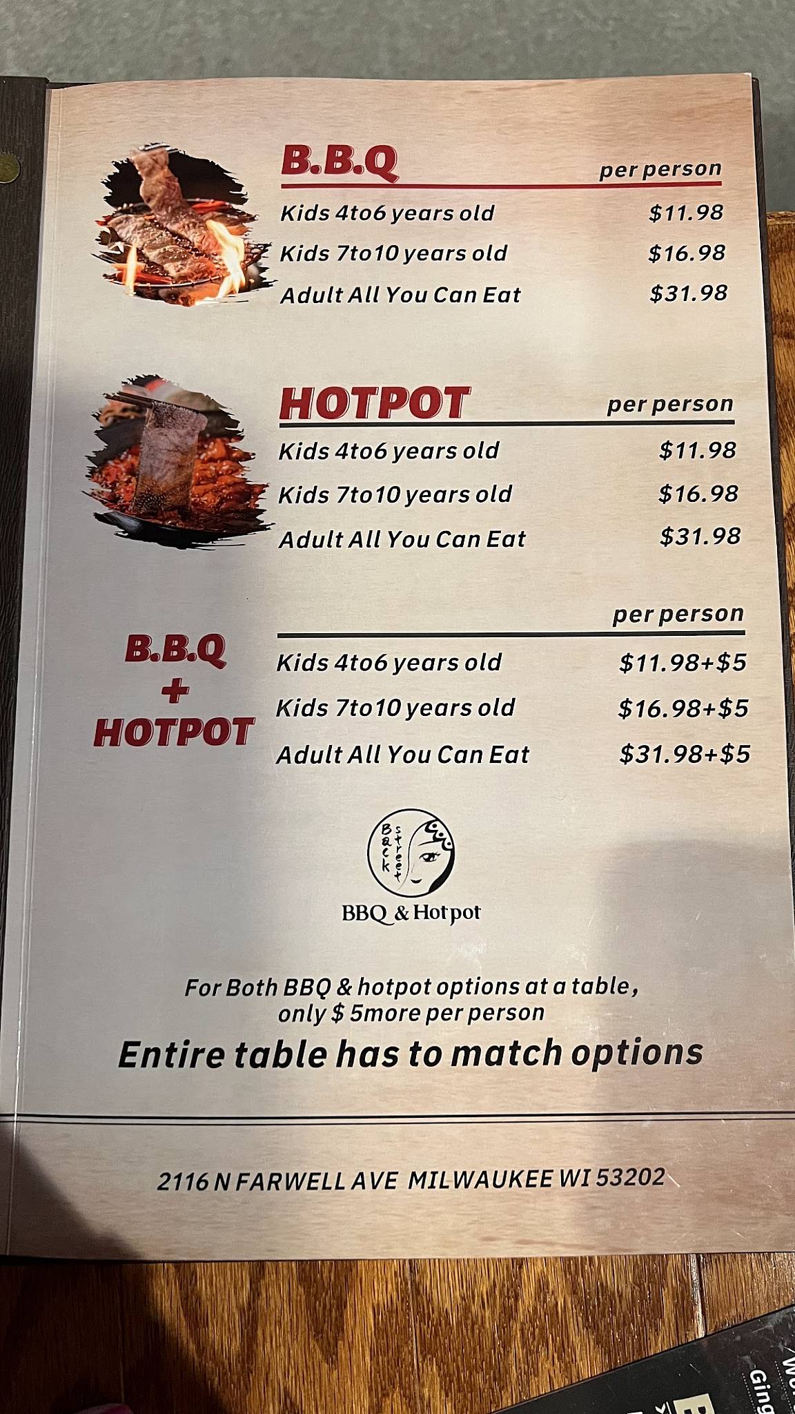 Menu at Back Street BBQ Hot Pot, Milwaukee