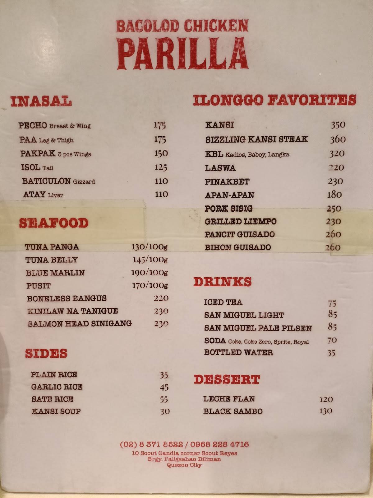 Menu at Bacolod Chicken Parilla restaurant, Quezon City, 93 Scout Reyes St