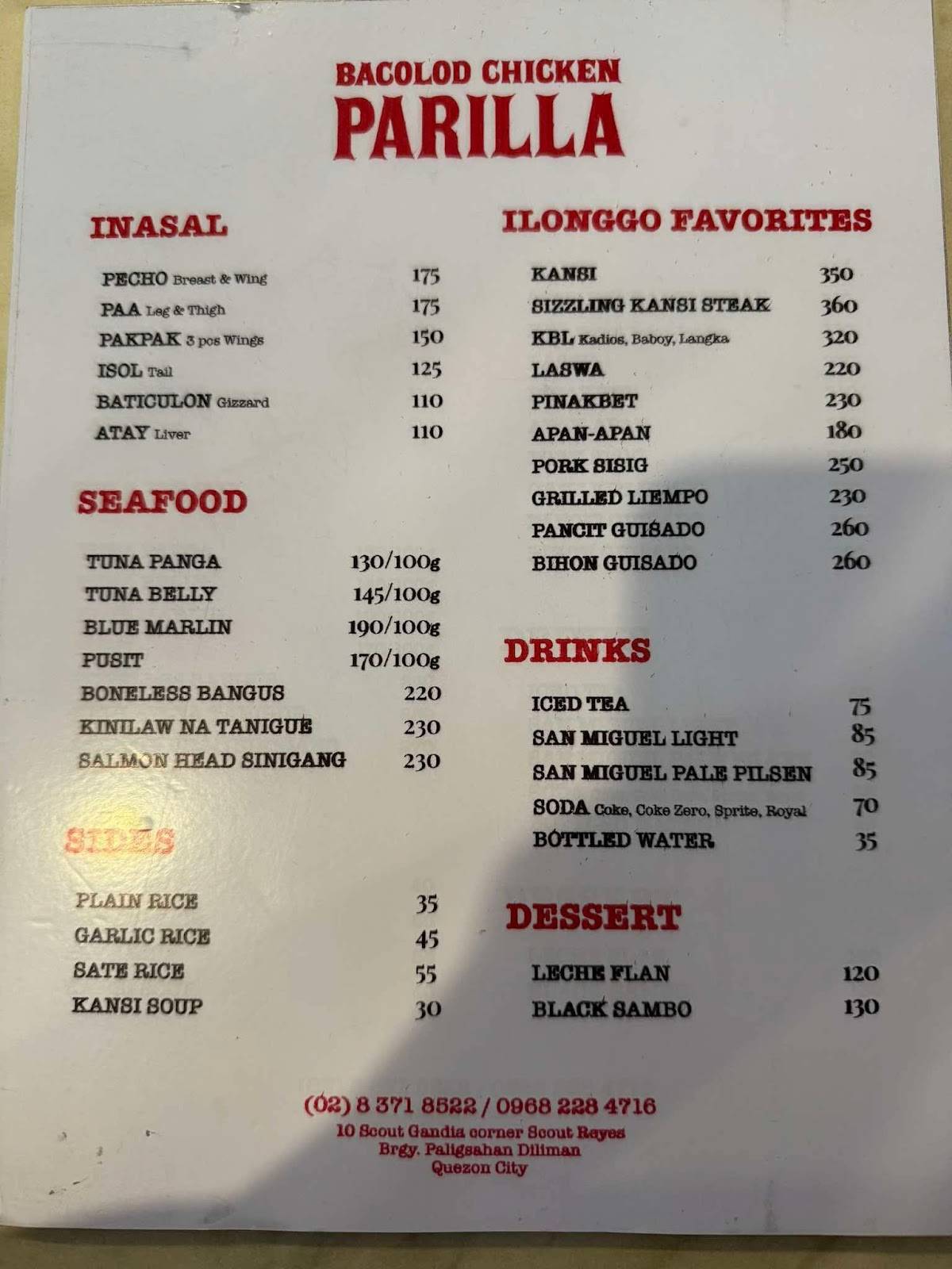 Menu at Bacolod Chicken Parilla restaurant, Quezon City, 93 Sct. Reyes St