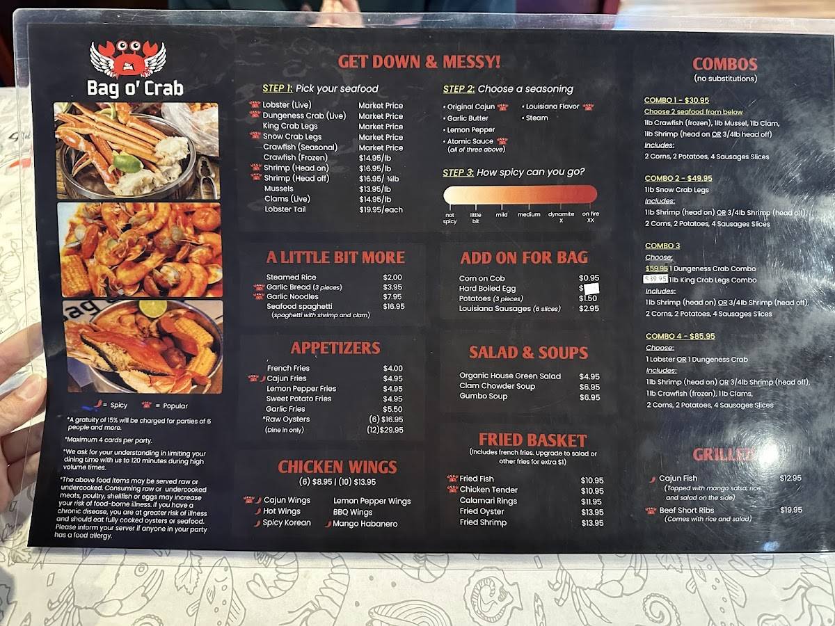 Menu at Bag O' Crab restaurant, Portland