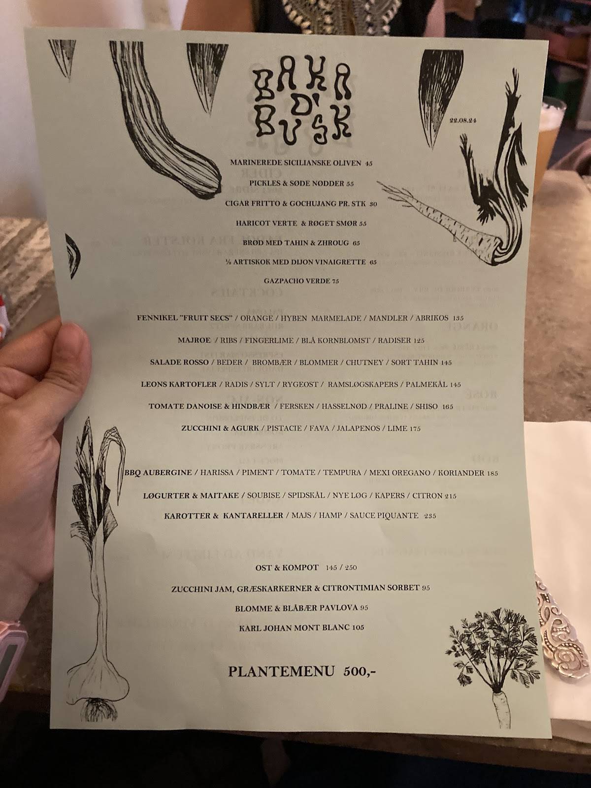 Menu at Baka d' Busk restaurant, Copenhagen