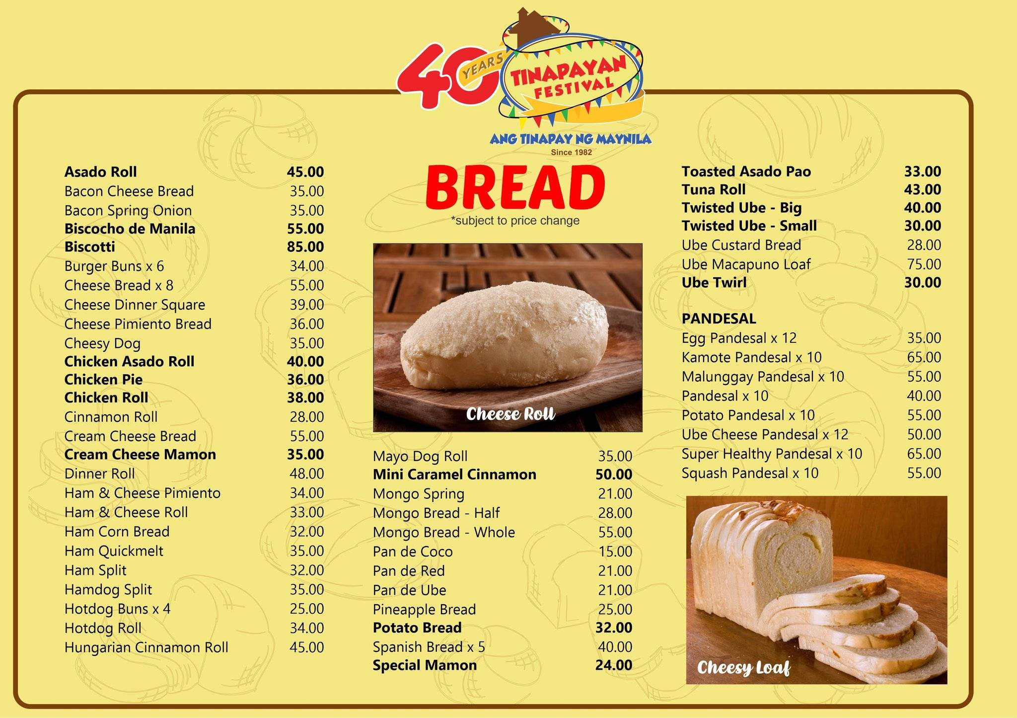 Menu at Tinapayan Festival Bakeshoppe bakery, Manila, Dapitan cor Don ...