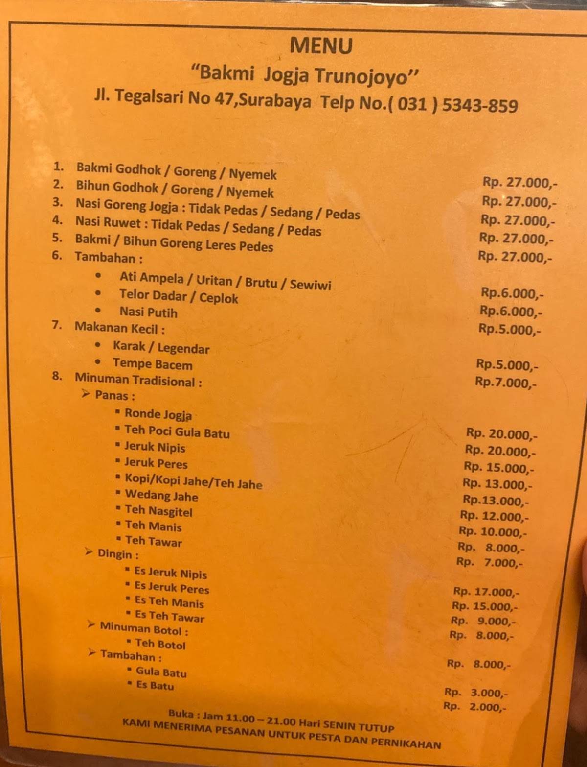 Menu at Bakmi Jogja Trunojoyo restaurant, Surabaya, Nomor