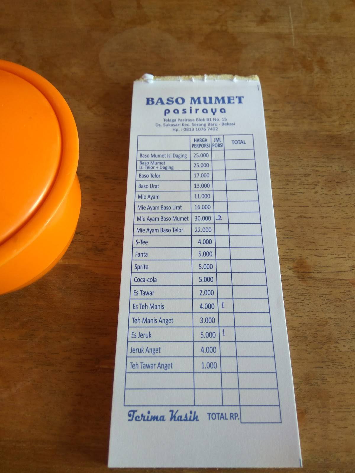 Menu at Bakso Mumet Pasiraya restaurant, Bekasi Regency