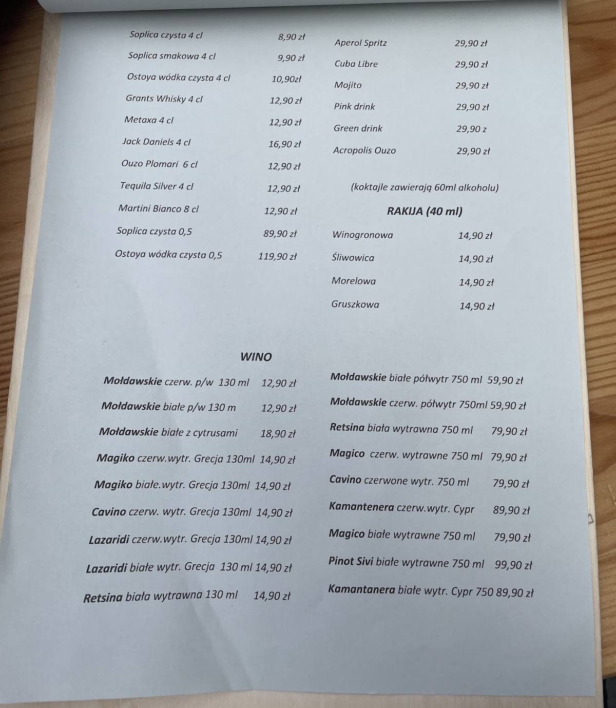 Menu at Balkan Bistro Prespa restaurant, Warsaw, Władysława Syrokomli 8