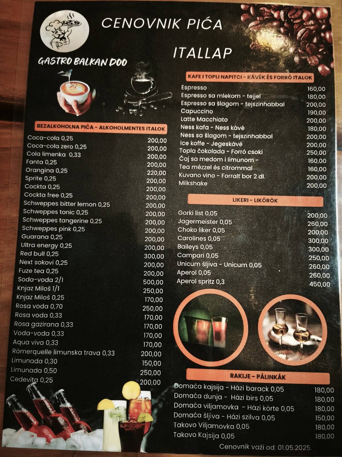 Menu at Balkan restaurant, Kanjiža